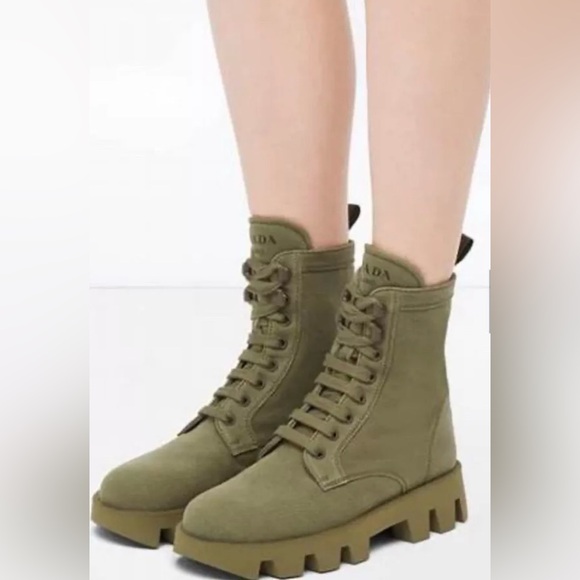 Prada | Shoes | Prada Denim Lug Sole Dark Green Canvas Combat Boots 4 ...